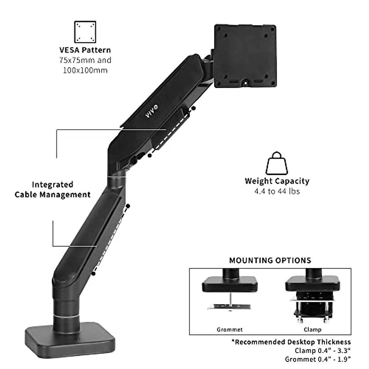 VIVO Premium Aluminum Single Gaming Monitor Arm for Ultrawide Screens up to 49 inches and 44 lbs, Heavy Duty Desk Mount Stand, Pneumatic Height, Max VESA 100x100, Black, STAND-V100D