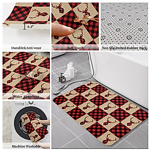Christmas Bath Rugs Elk Deer Reindeer Sponge Doormat Absorbent Non Slip Backing Durable Soft Flannel Mat Red Buffalo Plaid Checkered Christmas Memory Foam Mats for Bathroom Kitchen 18 x 30 inches