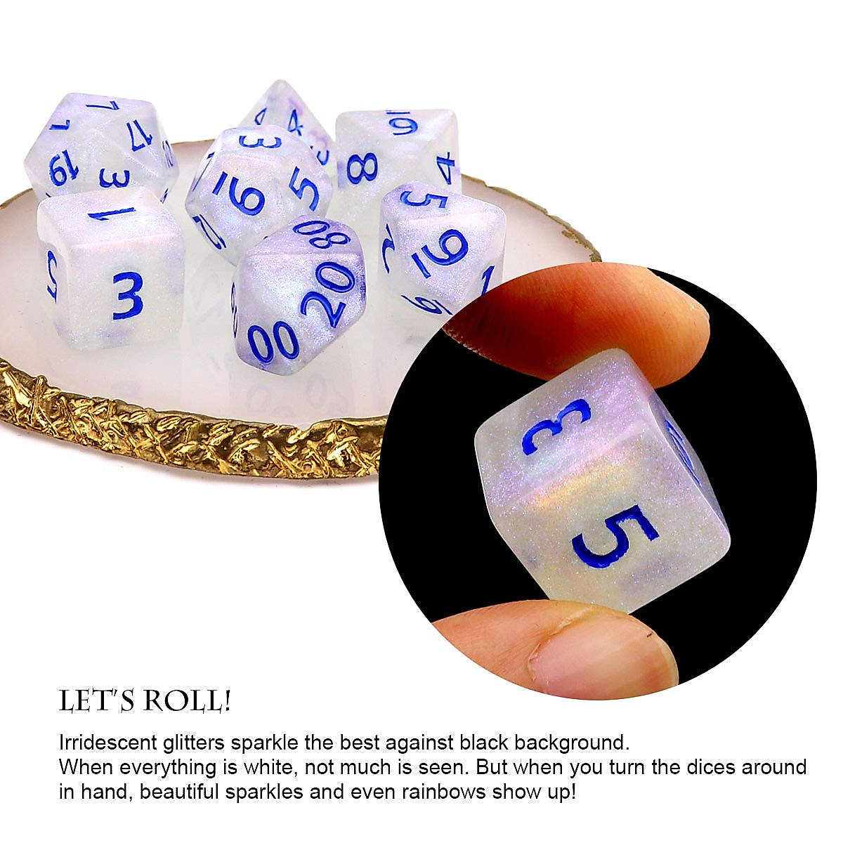 Haxtec DND Dice Iridescent Glitter Blue Numbers Polyhedral D&D Dice for RPGs-Milky Way