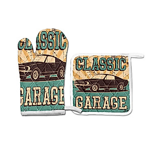 FCZ Oven Mitts and Pot Holders Kitchen Gloves Non Slip Oven Mitts and Hot Pads BBQ Gloves Oven Mitts and Hot Pads for Kitchen Cooking Baking Grilling Vintage Classic Race Car Green
