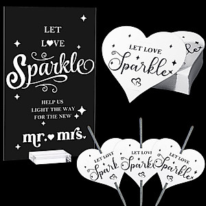 100 Pcs Wedding Sparkler Tags Heart Shape Sparkler Cards and Acrylic Wedding Sparkler Send Off Sign Clear Table Sparkler Signs with Acrylic Base for Wedding Ceremony Party Display Decor, No Sparkler