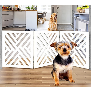 Bundaloo Freestanding Dog Gate Expandable Decorative Wooden Fence for Small to Medium Pet Dogs, Barrier for Stairs, Doorways, & Hallways (Lattice - White)