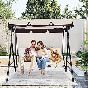 QZEN 3-Seat Porch Swing with Stand, Outdoor Patio Swing Chair with Adjustable Canopy and Durable Steel Frame for Patio, Backyard