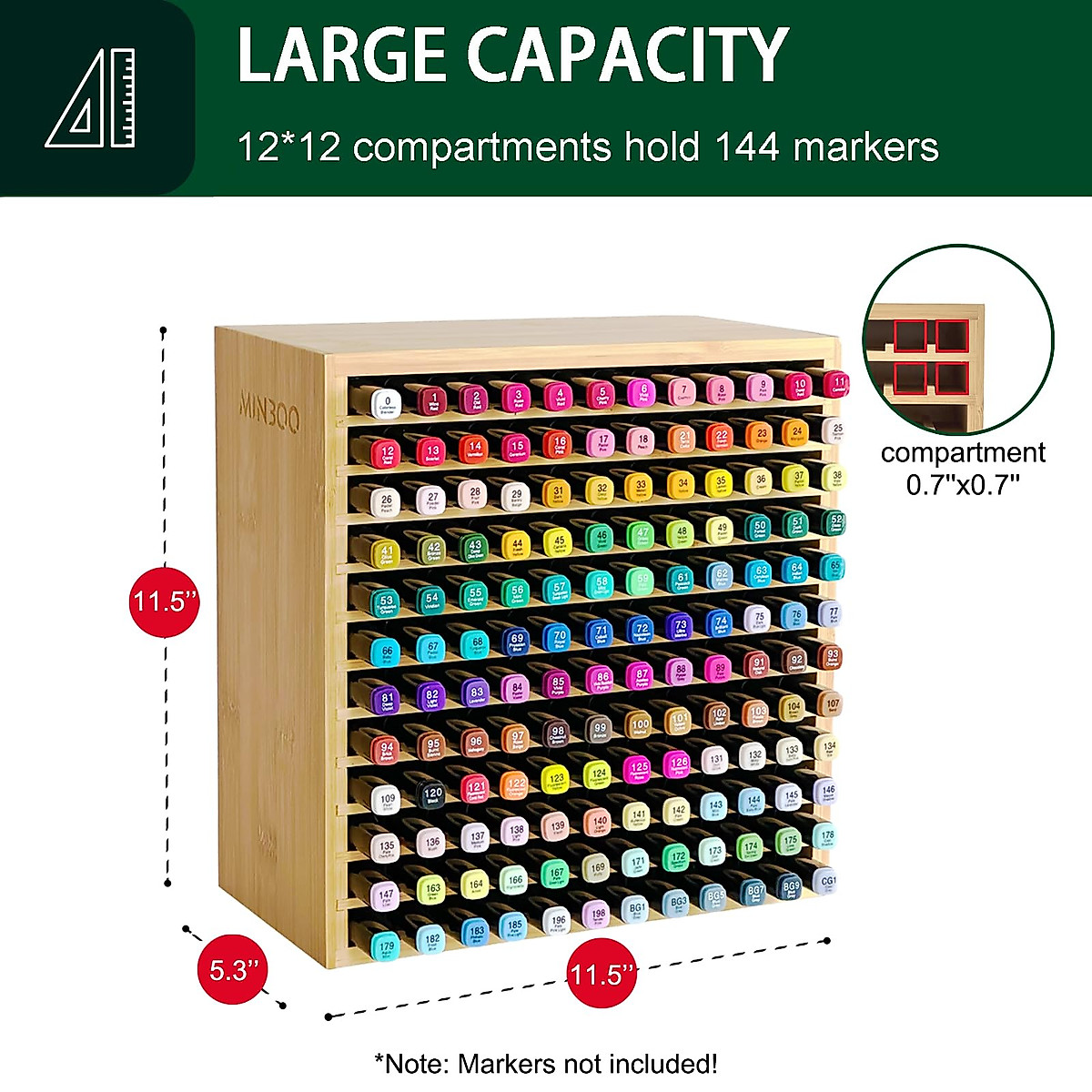 MinBoo Marker Organizer for 144 Markers, Bamboo Art Supply Storage Organizer Rack, Art Markers Pens Colored Pencils Paint Brushes Stationary Organizer Holder for Home Classroom Office Desk Decor