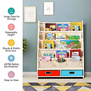 Costzon Kids Bookshelf, Wooden 4 Sling Book Shelves with 2 Pull-Out Toy Storage Boxes, Classroom Display Book Rack Organizer Furniture for Toddlers Kids Room, Nursery, Bedroom (Beige)