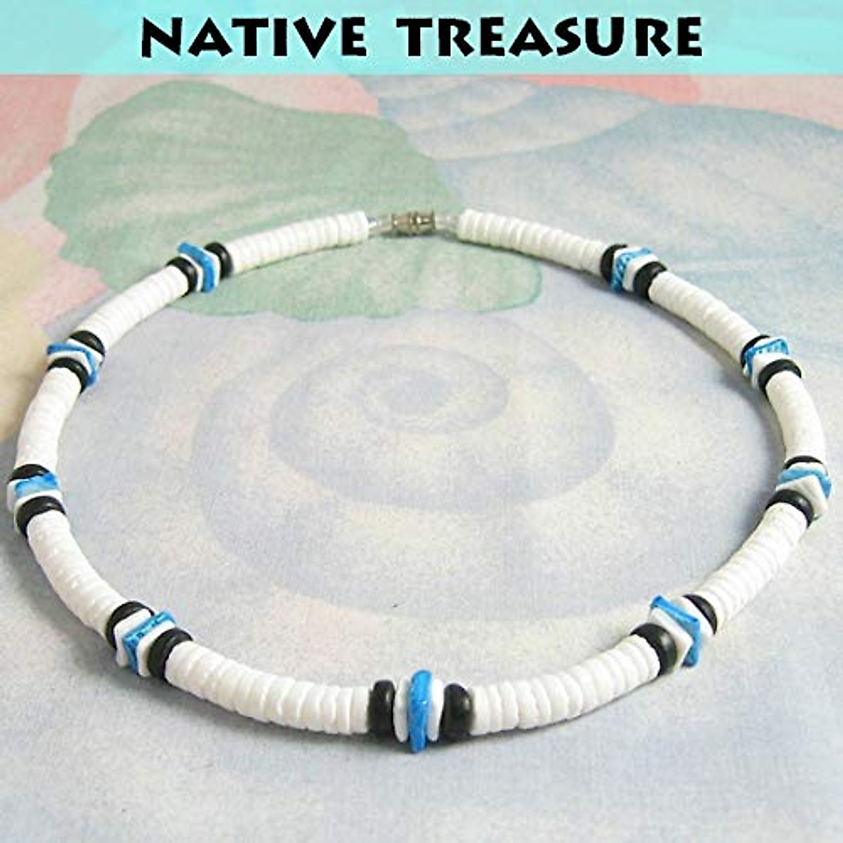 Native Treasure 15 inch Little Kid's White Clam Heishe Puka Shell Necklace Blue Chip 2 Black Coco Surfer Beach Necklace - 8mm (5/16")