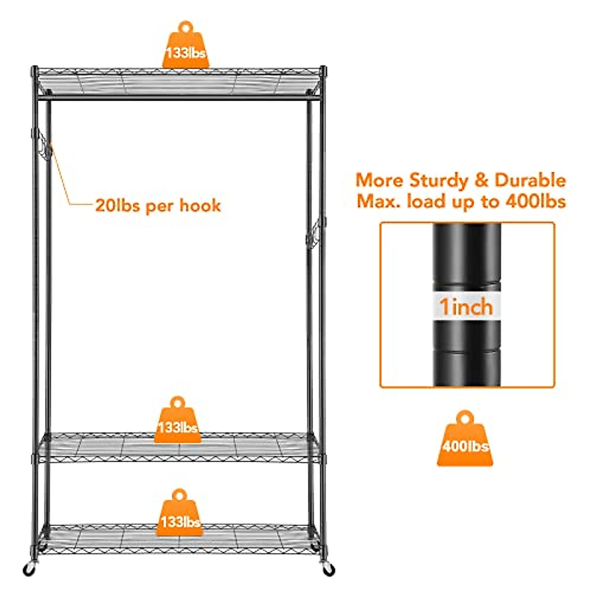 Modrine Clothing Rolling Rack, 3 Tiers Heavy Duty Garment Rack, with Lockable Wheels, 2 Side Hooks and 1 Clothes Rod (Black)