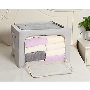 2 Pack Clothes Storage Bins - Foldable Metal Frame Storage Box - Stackable Linen Fabric Organizer Set with Carrying Handles