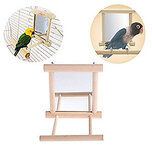 Bird Mirror Wooden Hanging Swing Interactive Play Toys for Small Parrot Budgies Macaw African Grey Parakeet Cockatiel Conure Lovebird Cage Accessories (Bird Mirror Perch Stand-2 PCS)