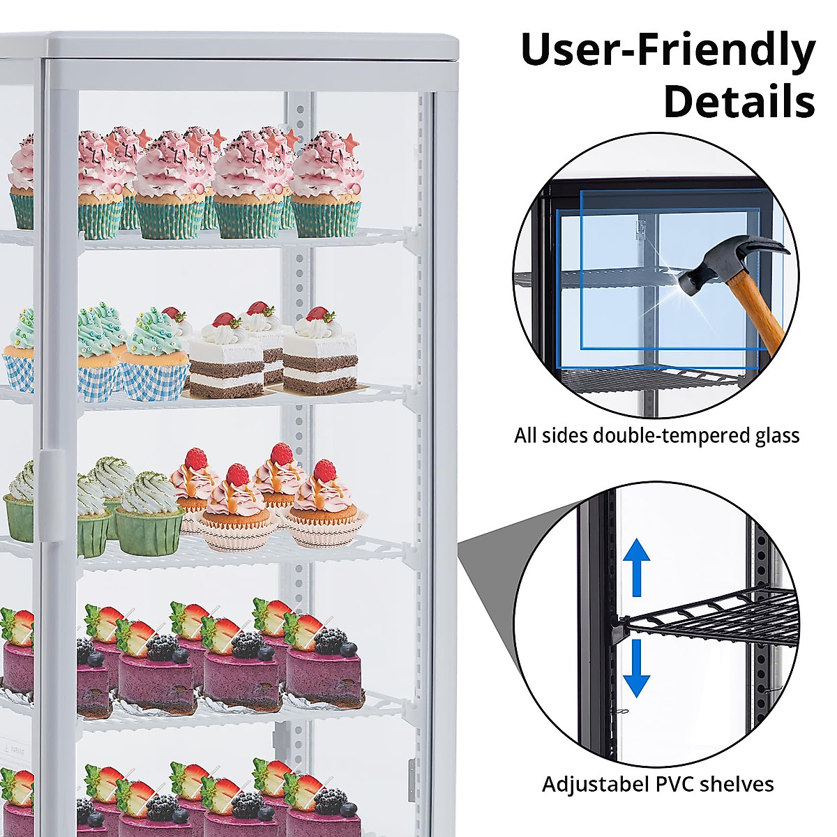 ACONEE Commercial, 3.46 Cu.Ft. Refrigerator Display Case Countertop Fridge, Upright Beverage Merchandiser Adjustable Shelves, Interior Lighting, White
