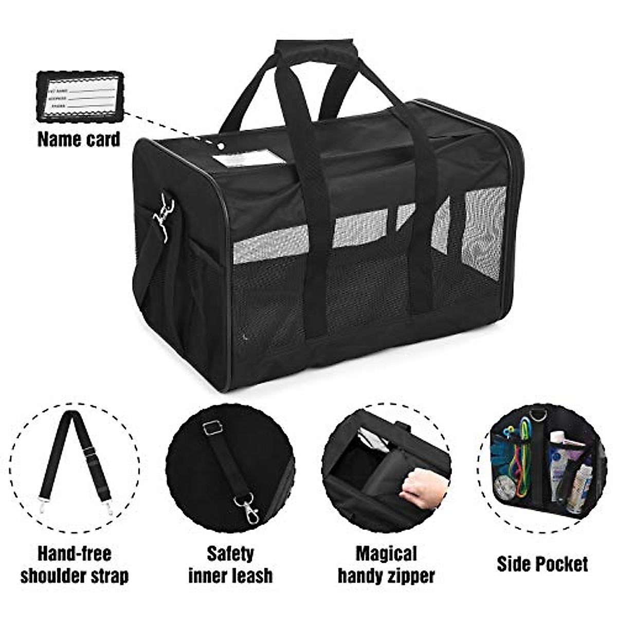 ScratchMe Pet Travel Carrier Soft Sided Portable Bag for Cats and Small Dogs, Collapsible, Durable, Airline Approved, Travel Friendly, Carry Your Pet with Safely and Comfortably, Black Large