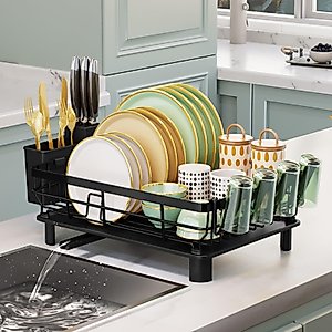 Lyellfe Dish Drying Rack, Rust-Proof Dish Drainer with Drainboard Utensil Cup Holder, Black Iron Dish Rack and Drainboard Set for Kitchen Counter, Over The Sink