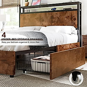 LUXOAK King Size Bed Frame with 4 Storage Drawers, Wooden Platform Bed with 2-Tires Storage Headboard and Charging Station, Noise Free/No Box Spring Needed/Rustic Brown