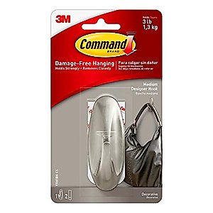 Command Medium Designer Hooks, Brushed Nickel, 1-Hook, 2-Strips, Decorate Damage-Free