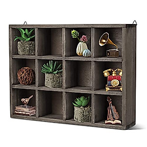 Flexzion Floating Shelf - Brown Wood Wall Mounted Freestanding Shelving Unit Wooden Wall Shelf 12 Compartment Slot Shadow Box, Showcase Display Organizer Shelf Vertical/Horizontal