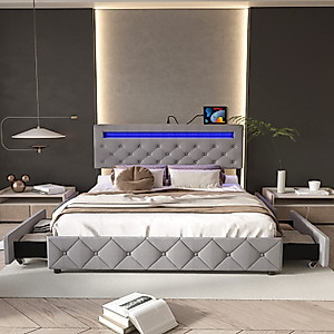 Fushimuma Queen LED Bed Frame with Drawers, Upholstered Platform Bed Frame with Adjustable Button Tufted Headboard and 2 USB Ports, Solid Wooden Slats Support, No Box Spring Needed, Light Grey