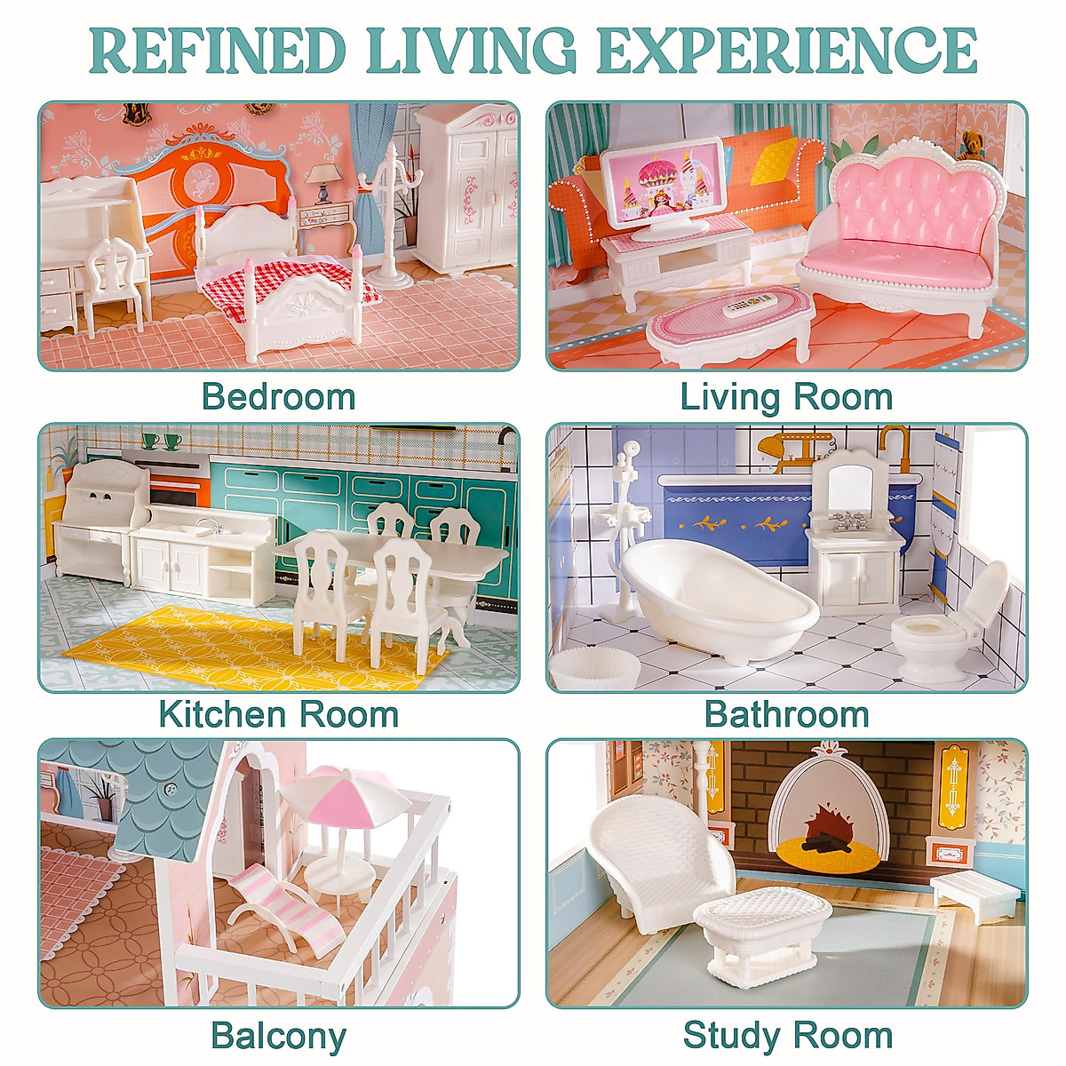 ROBUD Wooden Dollhouse for Kids Girls, Toy Gift for 3 4 5 6 Years Old, with Furniture