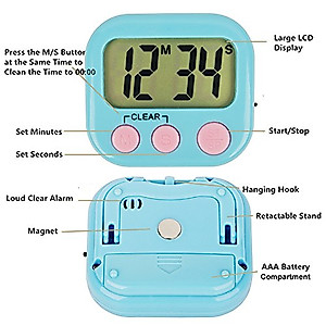 6 Pack Digital Timer for Teacher Small Timers for Kids Magnetic Back Big LCD Display Loud Alarm Minute Second Count Up Countdown with ON/Off Switch for Classroom, Homework, Exercise(3 Blue & 3 White)