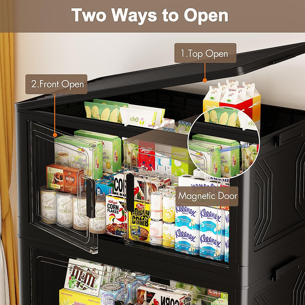 QAVABIN 120GAL Large Storage Bins with Lids and Wheels, 4 Tiers Stackable Closet Organizers and Storage, Collapsible Storage Bins with Doors, Plastic Folding Storage Containers for Room Garage, Black