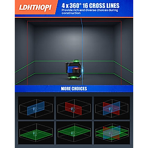 LDHTHOPI 4D 200FT Laser Level, Red/Green/Blue 3 Color laser level 360 self leveling, 16 Cross Line Laser with 2 Rechargeable Batteries for Ceiling, Floor, Construction and Picture Hanging