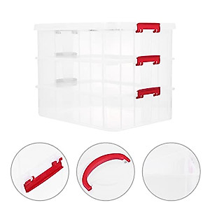 LUOZZY 3-Tiers Stack Carry Storage Box with Handle Large Capacity Stationery Cosmetics Storage Organizer Transparent Storage Bins Stackable (Red)