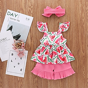 Dimoybabe Toddler Baby Girl Summer Clothes Knit Cotton Outfits Infant Short Set Sleeve Ruffle Ribbed Clothing Watermelon Red 2-3T 100CM