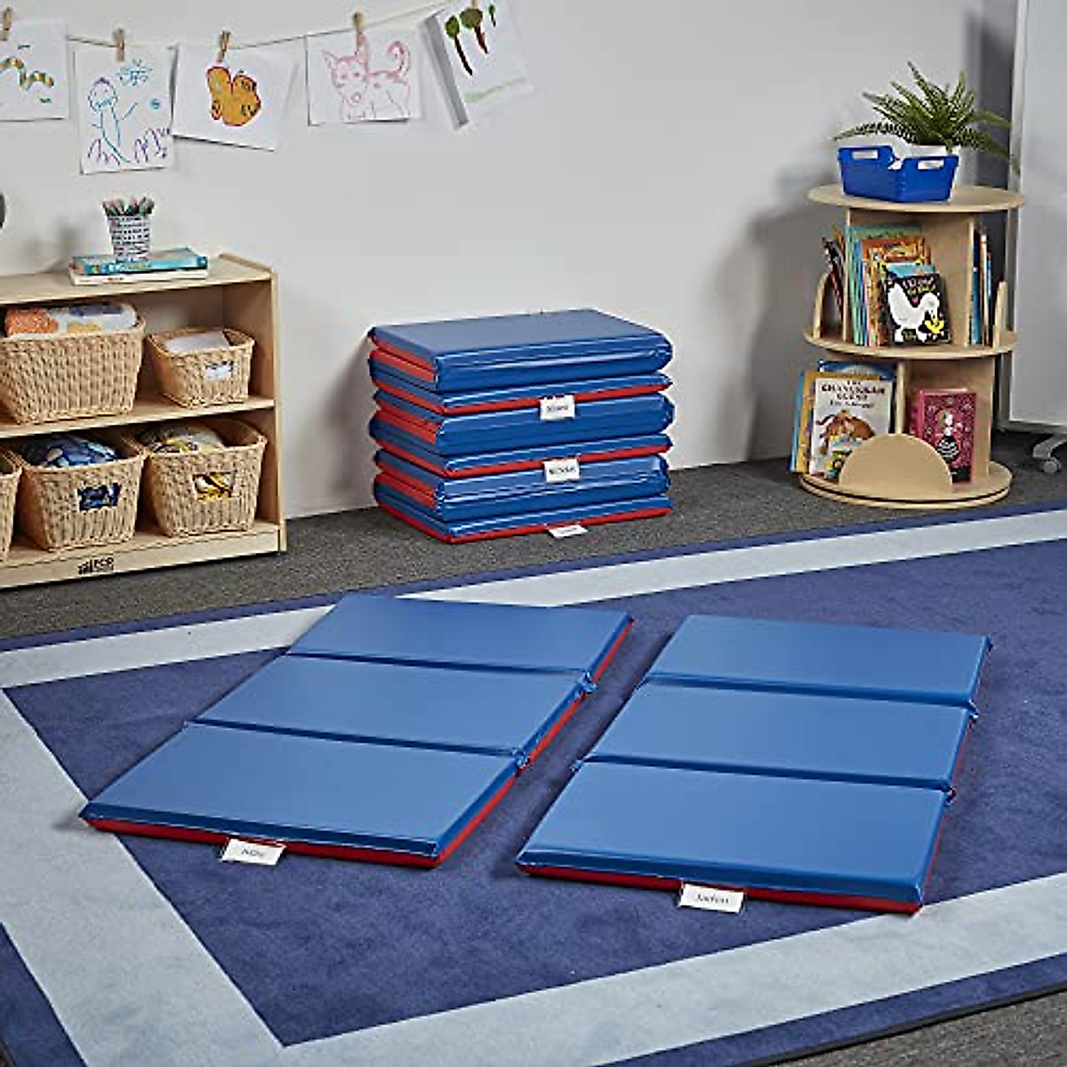 ECR4Kids Premium Folding Rest Mat, 3-Section, 1In, Classroom Furniture, Blue/Red