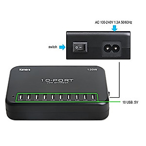 USB Charger 10-Port 120W, Multi-Port USB Charging Hub 24A Desktop Power Station for iPhone X/8/7/6S/6 Plus/5S, Ipad Pro/Air2/ Mini, Galaxy S9/S8/S6 Edge