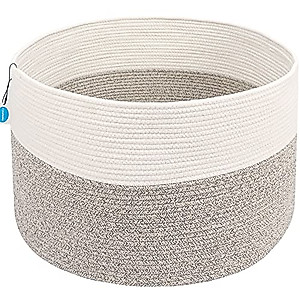 Casaphoria XXXLarge Cotton Rope Basket for Living Room - Woven Storage Basket with Handle for Blankets, Towels and Pillows Laundry Hamper | White and Brown (22" x 22" x 14")