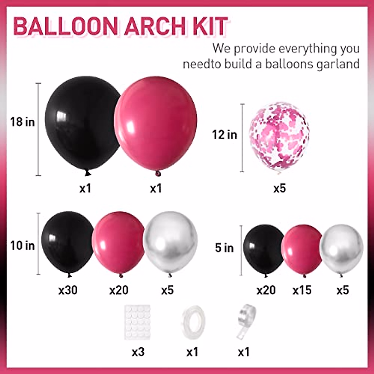 Pink Black Balloon Garland,BTZO Balloons Arch Kit With Metallic Silver Pink Confetti Balloons,Black and Pink Balloons for Birthday Wedding Baby Shower Engagement Party Decorations