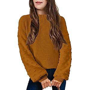 Arshiner Kids Girls Slouchy Chunky Sweater Drop Shoulder Puff Long Sleeve Pullovers Ribbed Loose Outwear Brown 11-12 Years