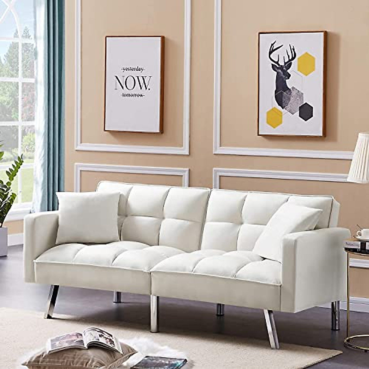 Leiln.z Velvet Convertible Sofa Bed with 2 Pillows, Modern Upholstered Sleeper Sofa Couch with 3 Adjustable Backrests and 2 Armrests, Twin Recliner for Living Room. (Off White)