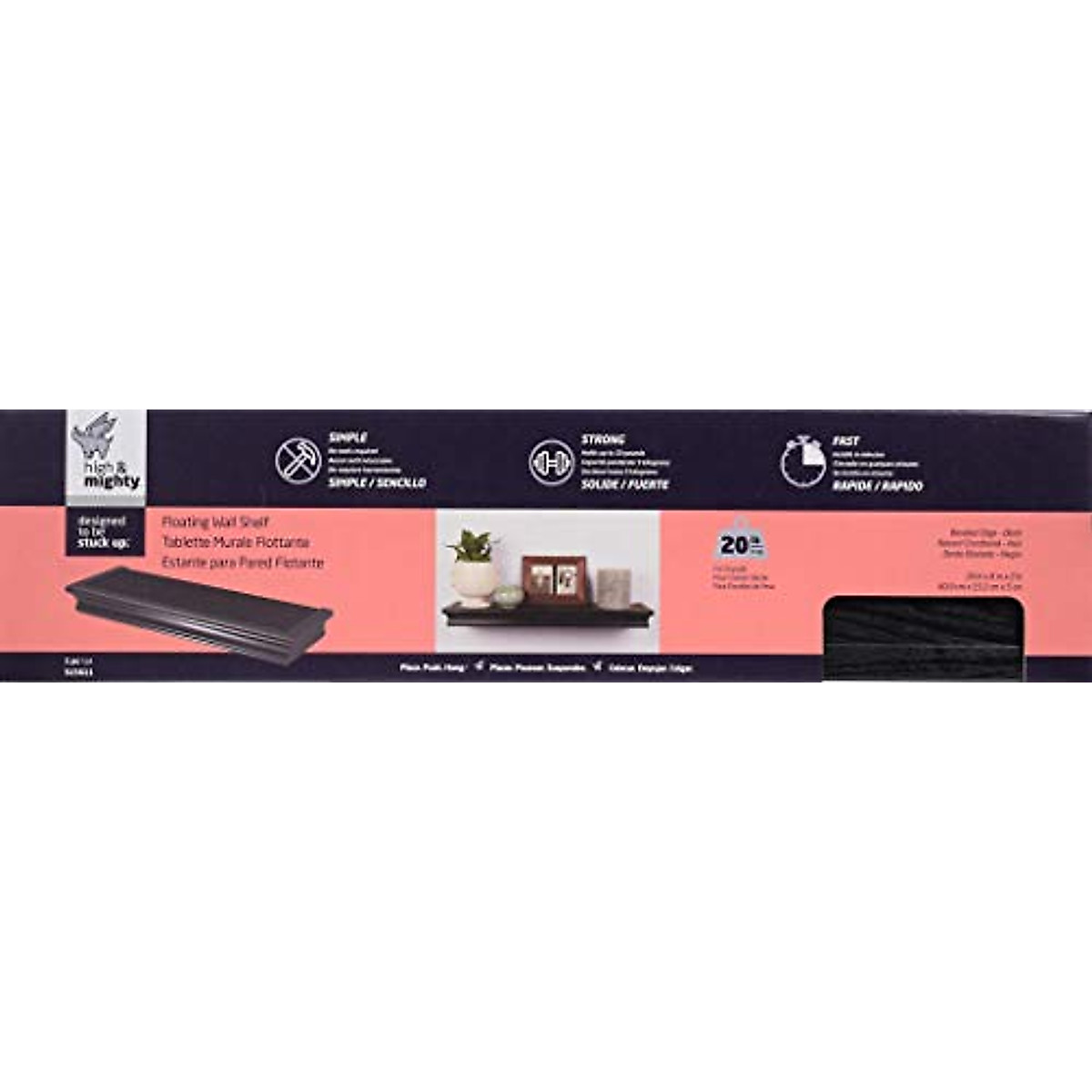 HIGH & MIGHTY 515611 Decorative 24" Floating Shelf Holds up to 20lbs, Easy Tool-Free Dry Wall Installation, Beveled, Retail Packaging, Black