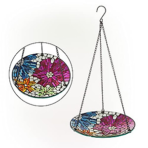 Alpine Corporation HMD214 Alpine 10" Round Glass Mosaic Floral Hanging, Multicolor Birdbath, No Size