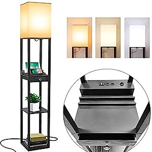 Assemer Shelf Floor Lamps for Living Room,Tall Standing Lamp with Shelves and Drawer,2 USB Charging Ports & Power Outlet,Bright 3CCT LED Bulb Included - Black