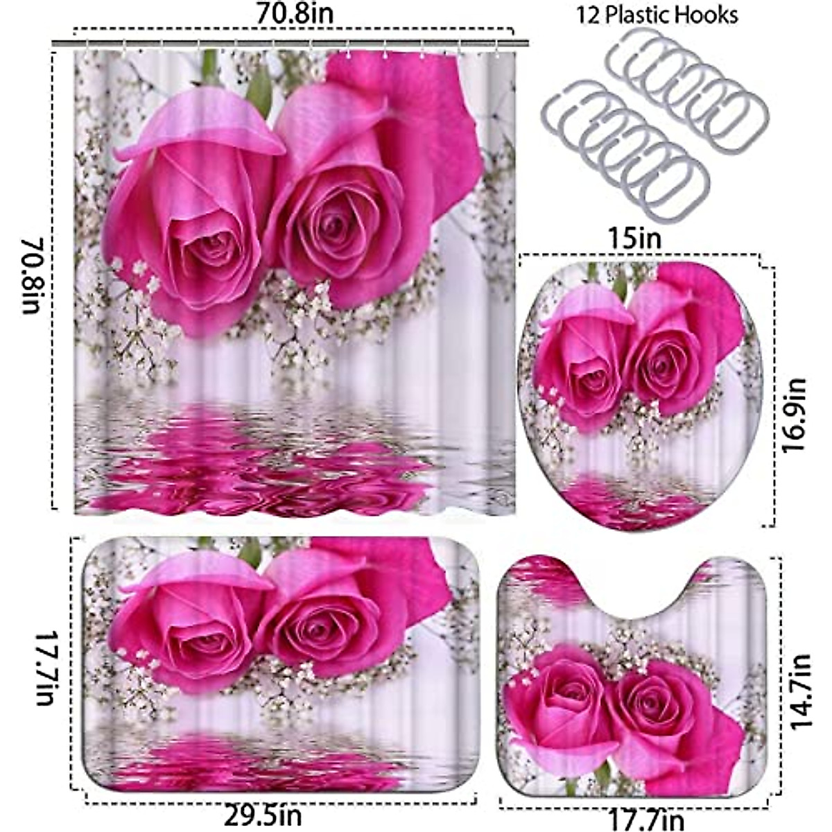 Flower Bathroom Shower Curtain Sets, Pink Water Roses Bathroom Sets with Shower Curtain and Rugs, Toilet Lid Cover and Bath Mat, Artistic Shower Curtains with Hooks