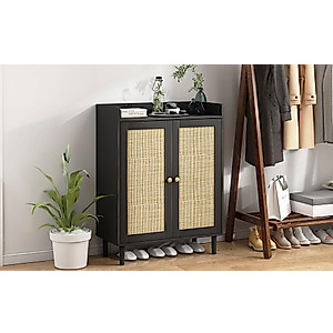 Shoe Cabinet - Rattan Shoe Cabinet for Entryway, Shoe Storage Cabinet with Adjustable Shelves, Black Shoe Cabinet, Farmhouse Freestanding Wood Shoe Rack Organizer for Closet, Living Room, Hallway