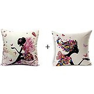 Cotton Linen Girl with Pink Wing Elves and Butterflies New Decorative Pillowcase Throw Pillow Cushion Cover Square 18" 18" Home Life ¡­ (10)