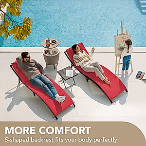 Devoko Patio Chaise Lounge Sets Outdoor Rattan Adjustable Back 3 Pieces Cushioned Patio Folding Chaise Lounge with Folding Table (Red)