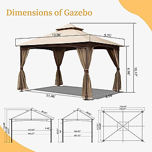 10'x13' Gazebo, Outdoor Gazebo with Mosquito Netting, Metal Frame Double Roof Soft Top Patio Gazebo Canopy Tent for Deck Backyard Garden Lawns (Khaki)