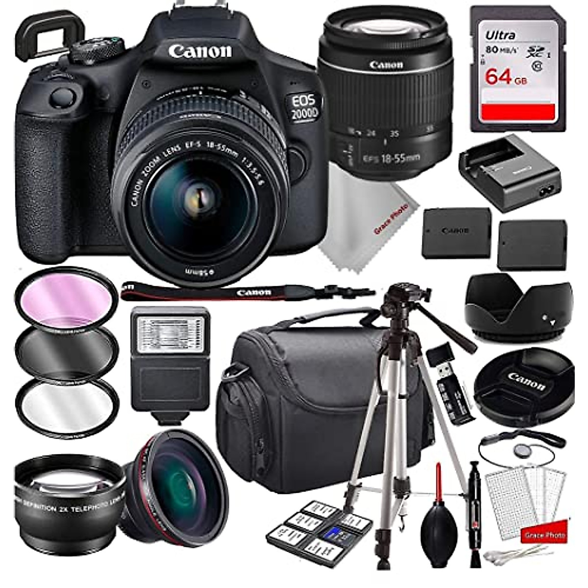 2000D (Rebel T7) DSLR Camera with 18-55mm f/3.5-5.6 III Zoom Lens Bundle + 64GB Memory, Case, Tripod, Extra Battery and More