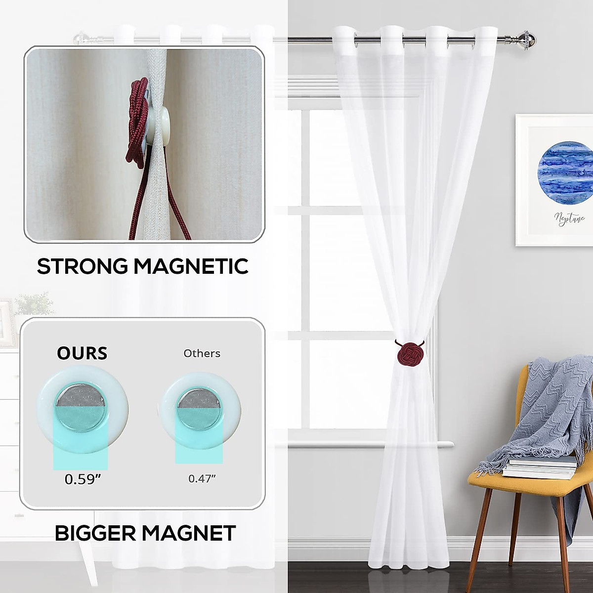 HIASTRA Strong Magnetic Curtain Tiebacks, 4 Pack Curtain Tie Modern Window Decorative Tie Backs for Curtains Rope Outdoor Holder for Sheer Blackout Drapes, Burgundy