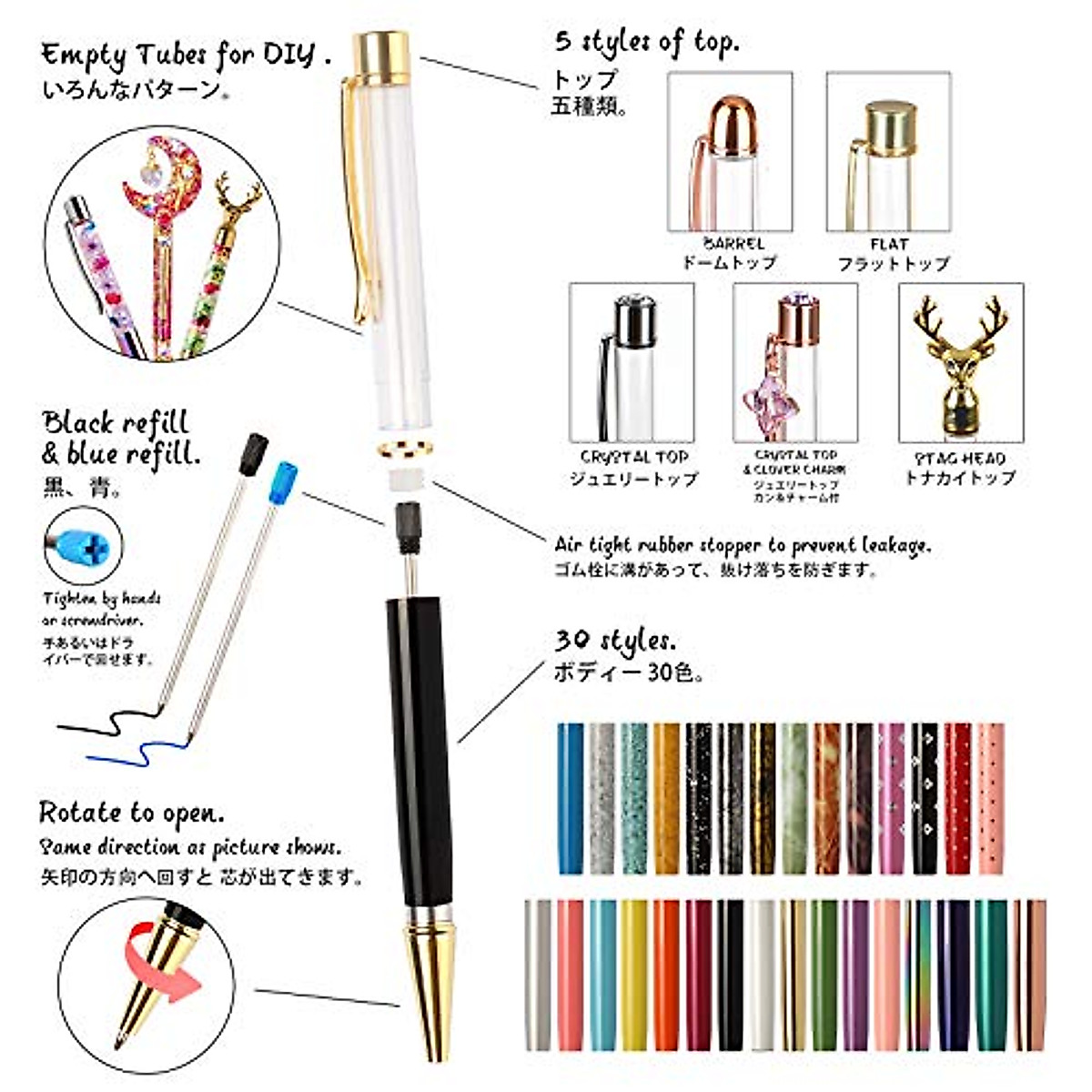 FUNSHOWCASE Floating Liquid Sand Ballpoint Pens Set 40-kit 30 Empty Tube Glitter Pen with 10 Replaced Black and Blue Refills