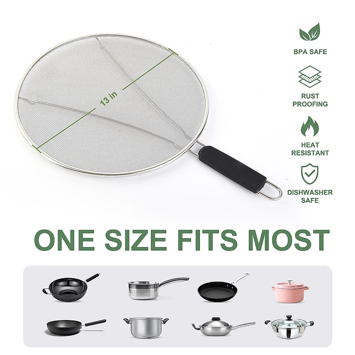 13'', 11.5'', 9.8'' Stainless Steel Grease Splatter Guard for Frying Pan with Comfortable Grip Handle, Ultra Fine Mesh Prevents Oil Splatters and Messes, Heavy Duty Splatter Screen