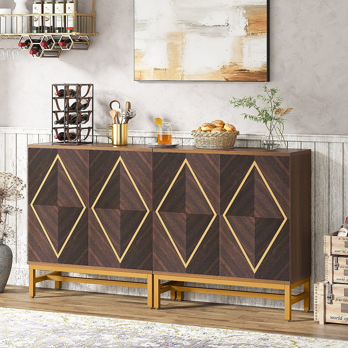 Tribesigns Sideboard Buffet Cabinet Set of 2, 59 Inch Kitchen Sideboard Cabinet with Doors and Adjustable Shelves, Coffee Bar Cabinet Storage Cabinet for Dining Room, Living Room, Dark Brown