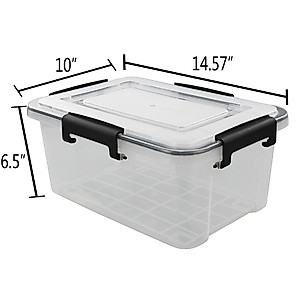 Eagrye 6-Pack 12 Qt Plastic Storage Box with Gasket Seal Lid, Durable Moving Containers with Tight Latch, Weather Proof Tote Bin, Clear/Black