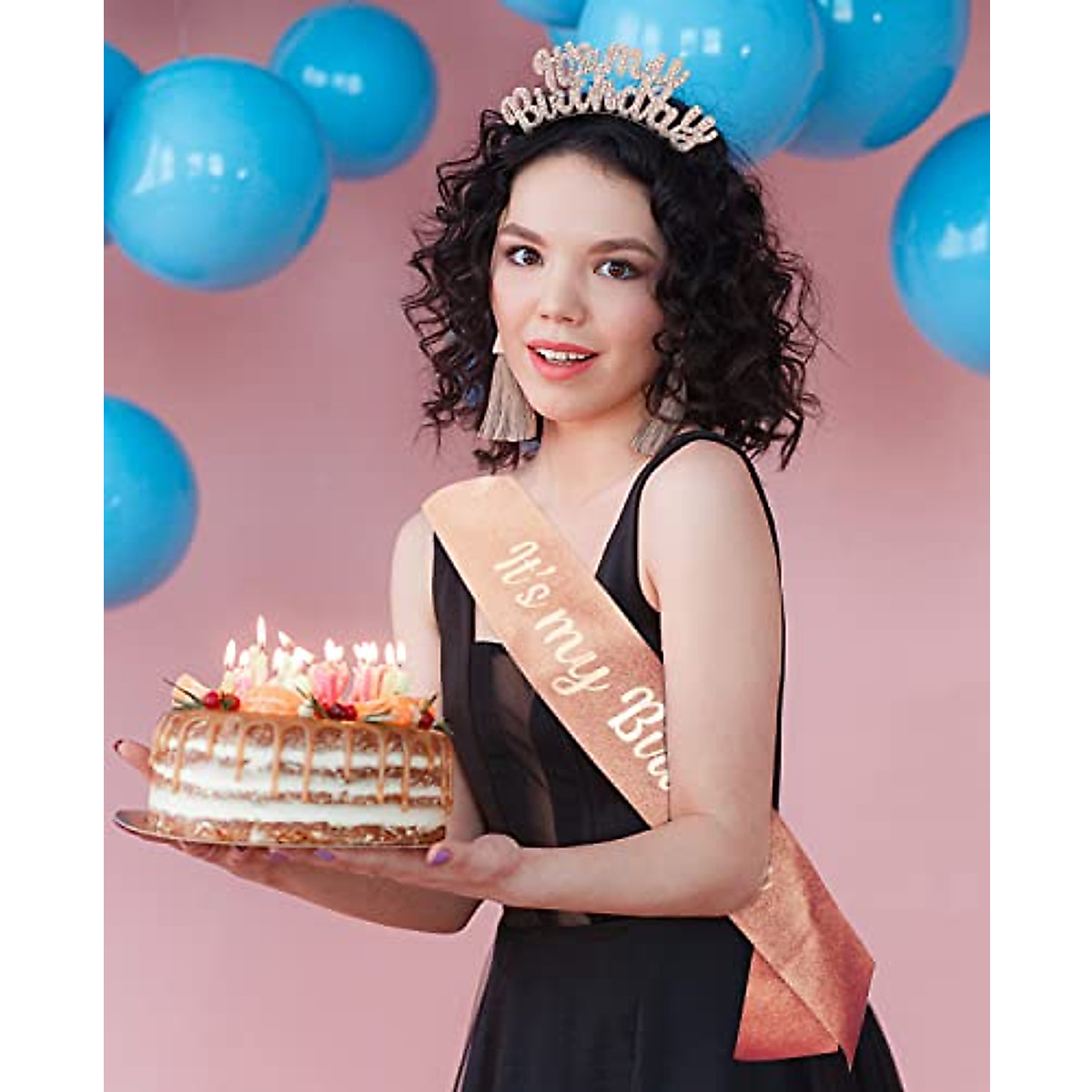 Cute Birthday Crown & Tiara Set for Girls & Women - Rose Gold