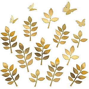 Letjolt Golden Paper Leaves Set Decorations for Family Tree Photo Wall Crafts Leaf(12pcs) Glitter Butterfly(4pcs) Nursery Decor Baby Shower Backdrop Decals