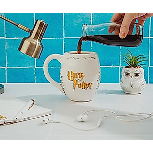 Silver Buffalo Harry Potter Hogwarts House Crest Sculpted Owl Handle Coffee Ceramic Mug, 20 Ounces White