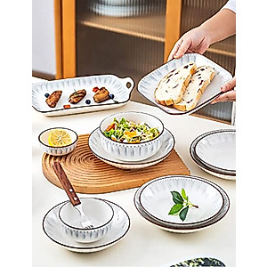 8 Inches Unique Light Blue Lines&Dots Design Ceramic Dinner Plates-Set of 2-White Kitchenware